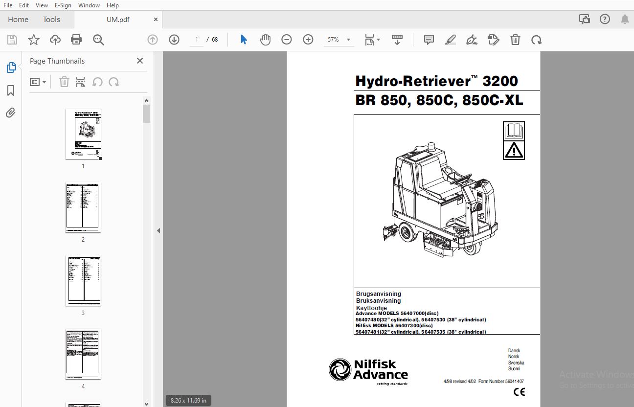 Nilfisk Advance Hydro-Retriever 3200 BR 850, 850C, 850C-XL ...