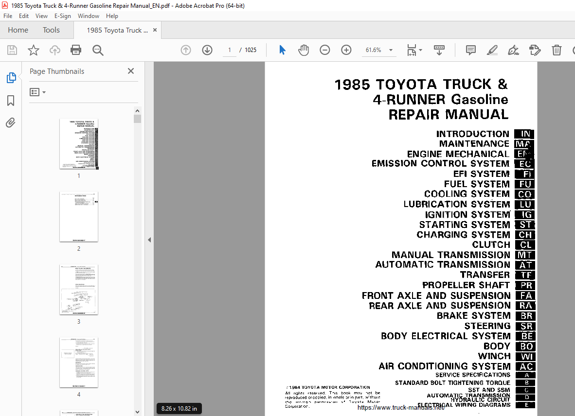 Toyota Truck 1985 & 4-Runner Gasoline Repair Manual – PDF DOWNLOAD ...