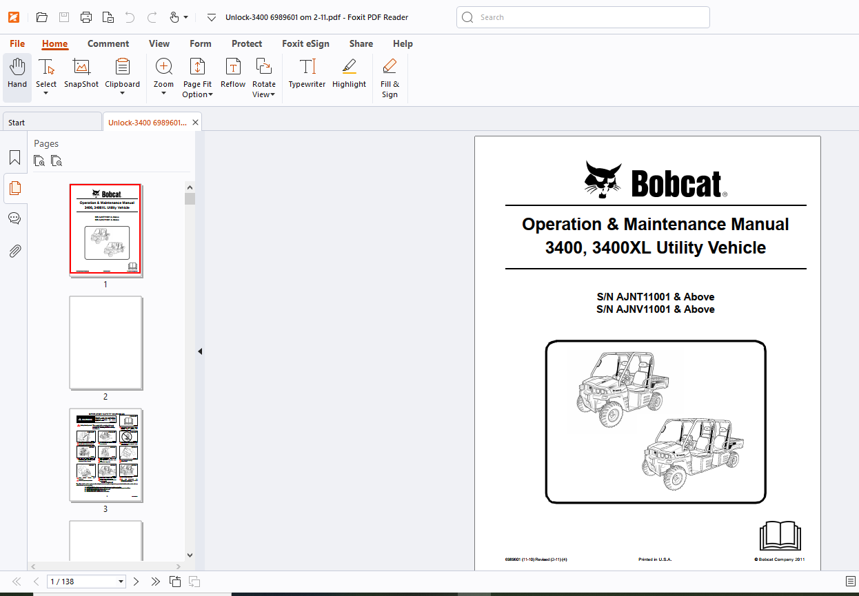 Bobcat 3400 3400XL Utility Vehicle Operation & Maintenance Manual – PDF ...