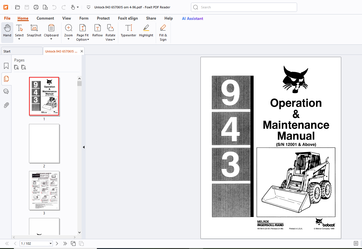 Bobcat 943 Operation & Maintenance Manual Digital Manual PDF ...