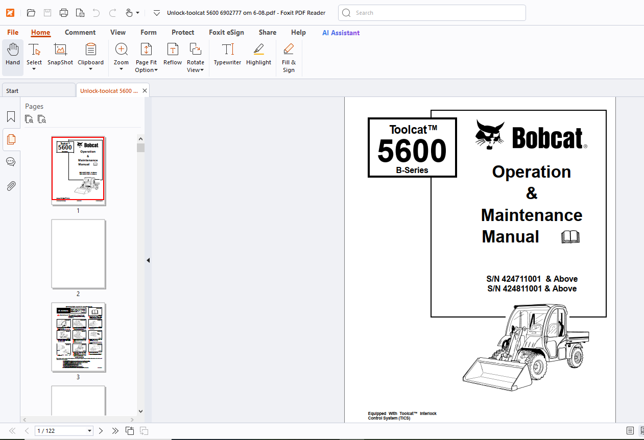 Bobcat Toolcat 5600 B-Series Operation & Maintenance Manual – PDF ...