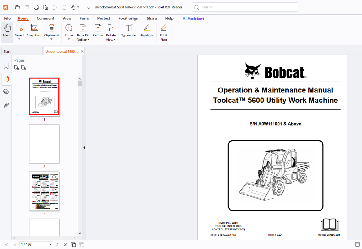 Bobcat Toolcat 5600 Utility Work Machine Operation & Maintenance Manual ...