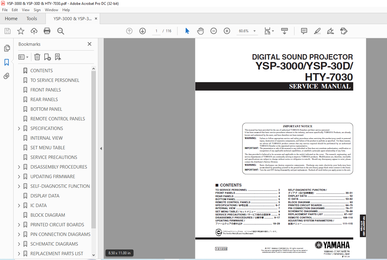 Yamaha YSP-3000/YSP-30D/HTY-7030 Digital Sound Projector Service Manual ...